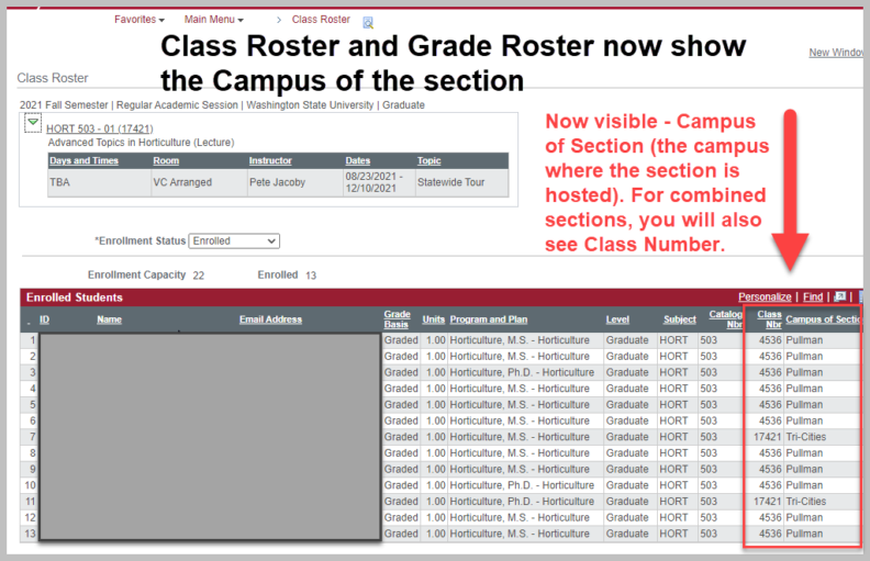 Campus of section visible in Class/Grade Roster | Internal News ...