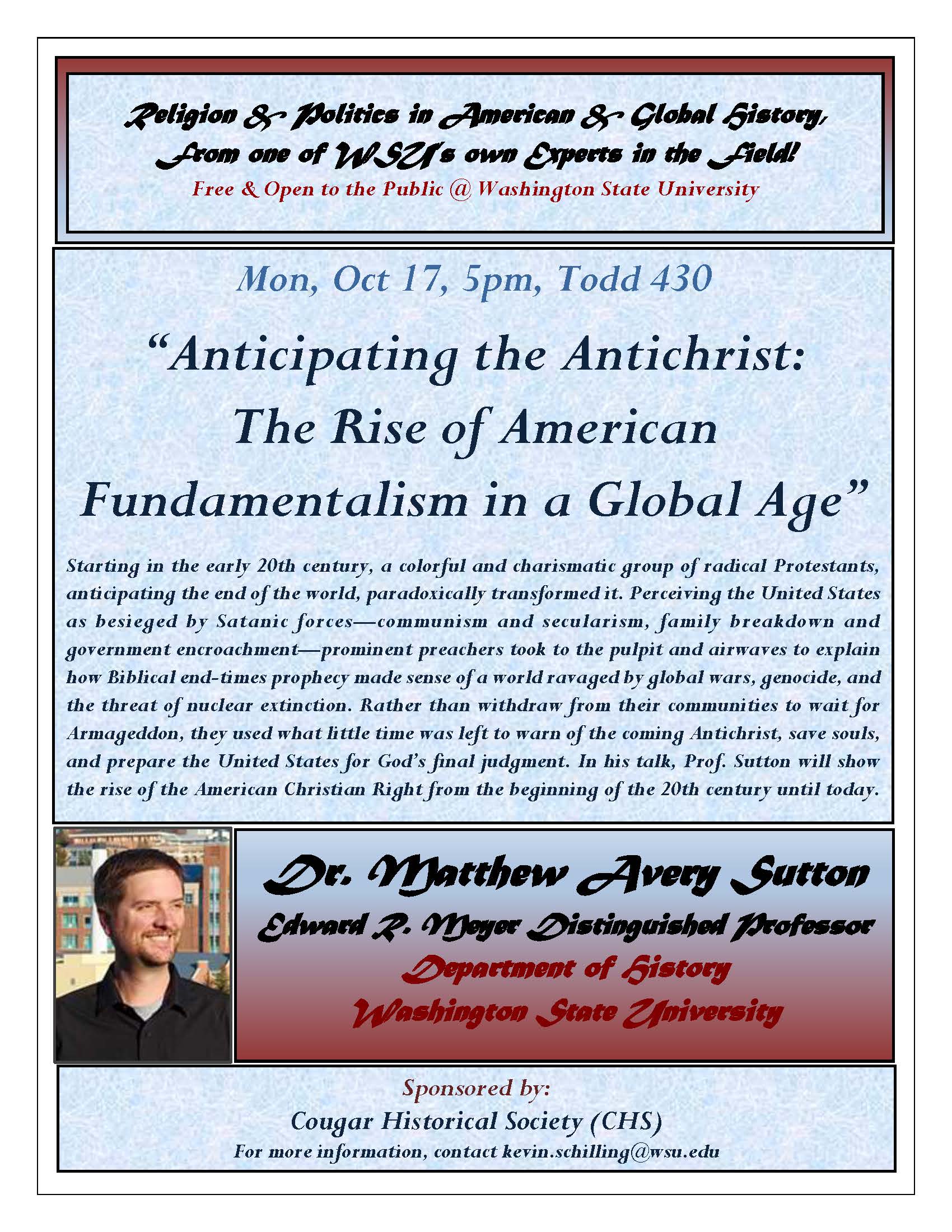 Dr. Matthew Sutton to give talk October 17 at 5 p.m. in Todd 430 ...